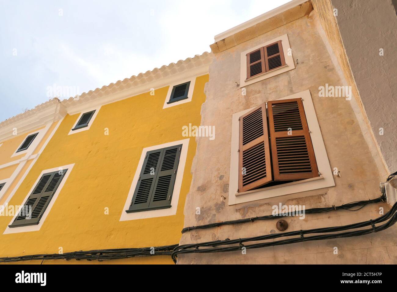 Windows shutters on buildings in old town Ciutadella, Menorca island ...