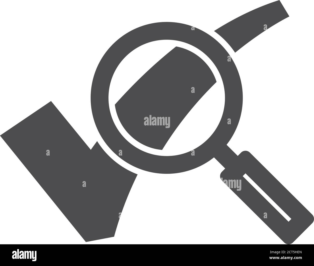 Magnifier check mark icon in thick outline style. Black and white ...