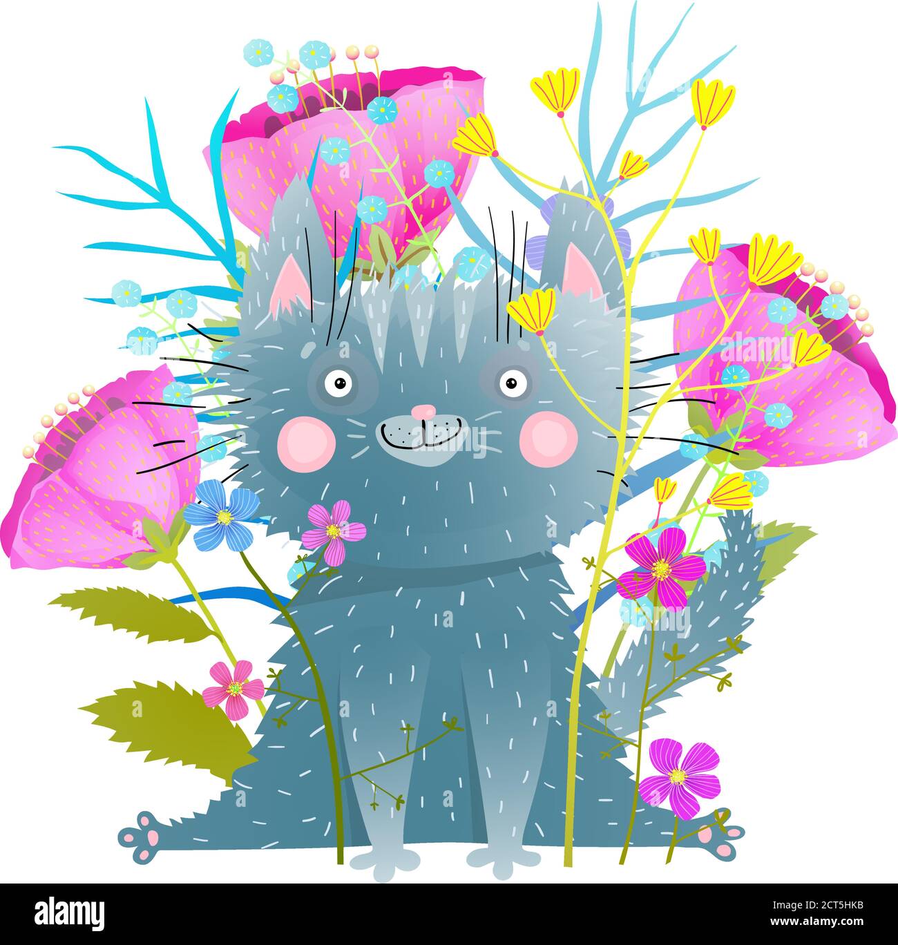 Cute cat with flowers flat vector illustration Stock Vector Image & Art ...