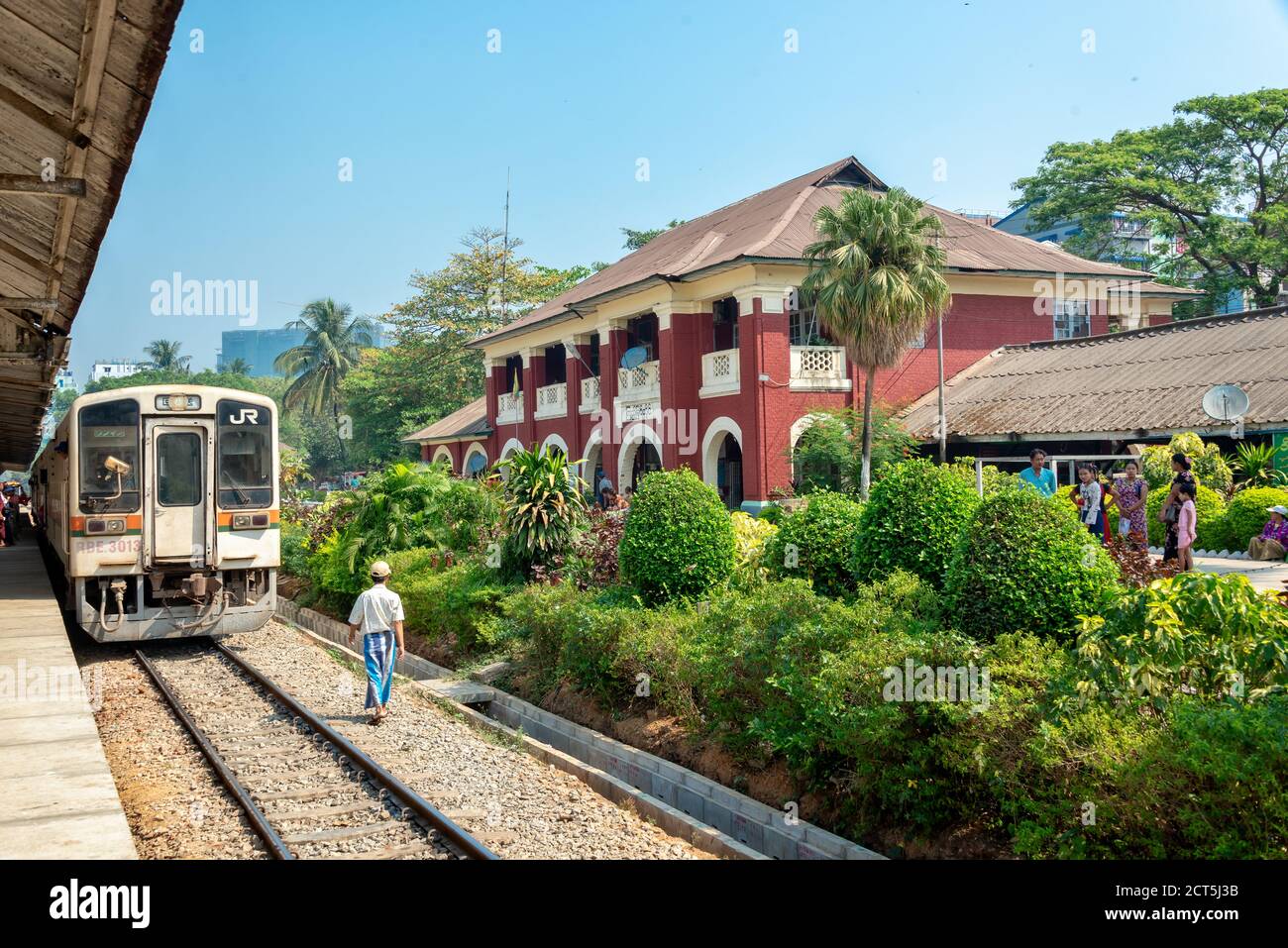 Train station of the circular train, colonial building, Yangon Burma ...