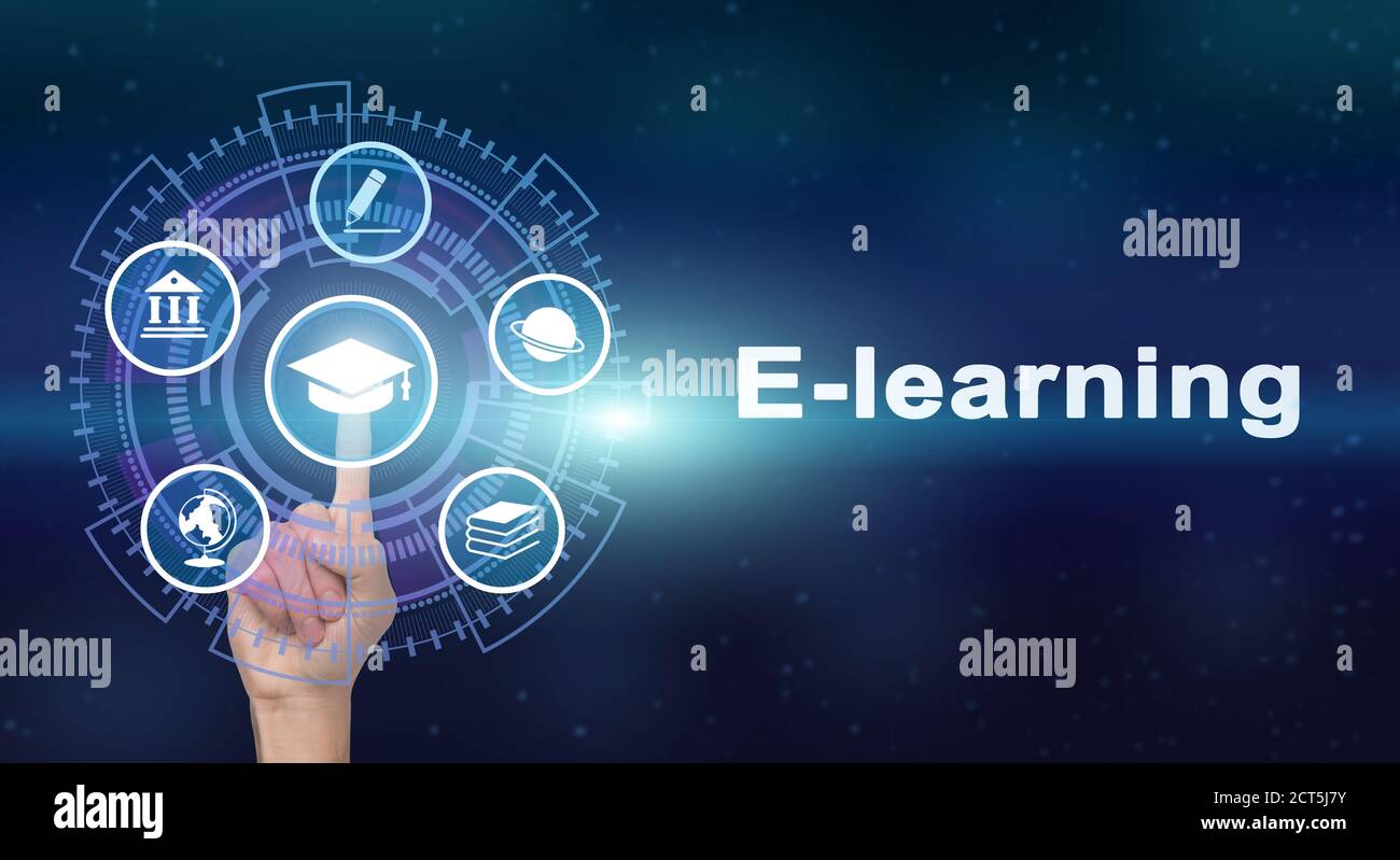 Hand Pressing E-Learning Key On Virtual Screen, Blue Background Stock ...
