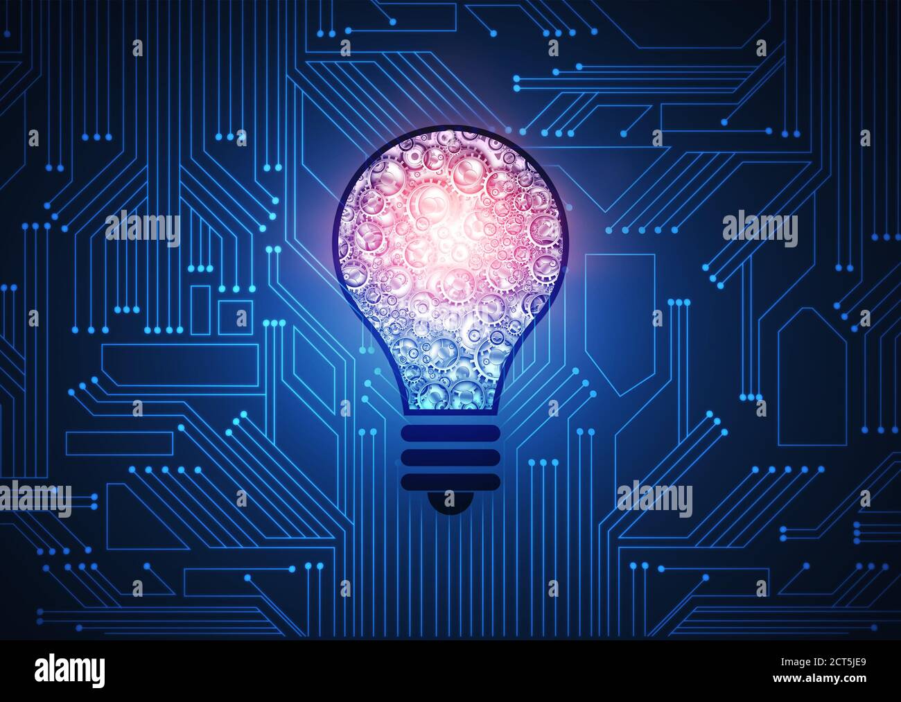 Lightbulb With Gears Mechanism Over Blue Computer Microcircuit ...