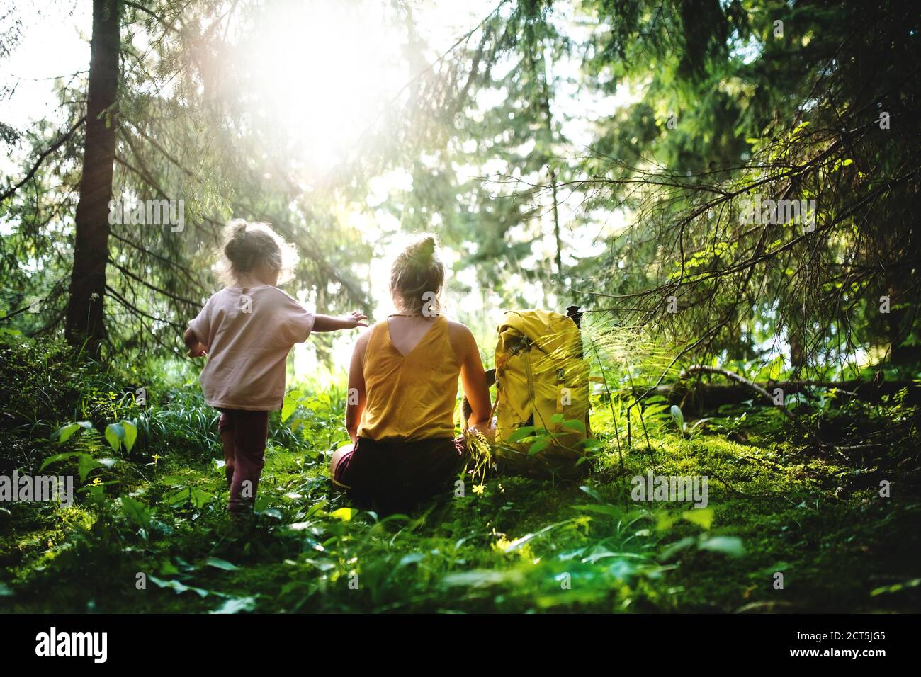 Rear view of mother with small daughter outdoors in summer nature ...