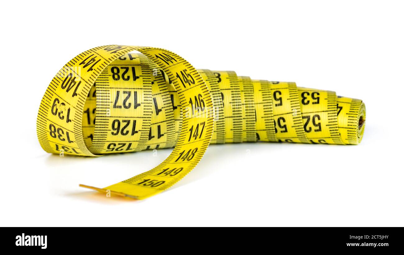Yellow measuring tape isolated on white background Stock Photo - Alamy