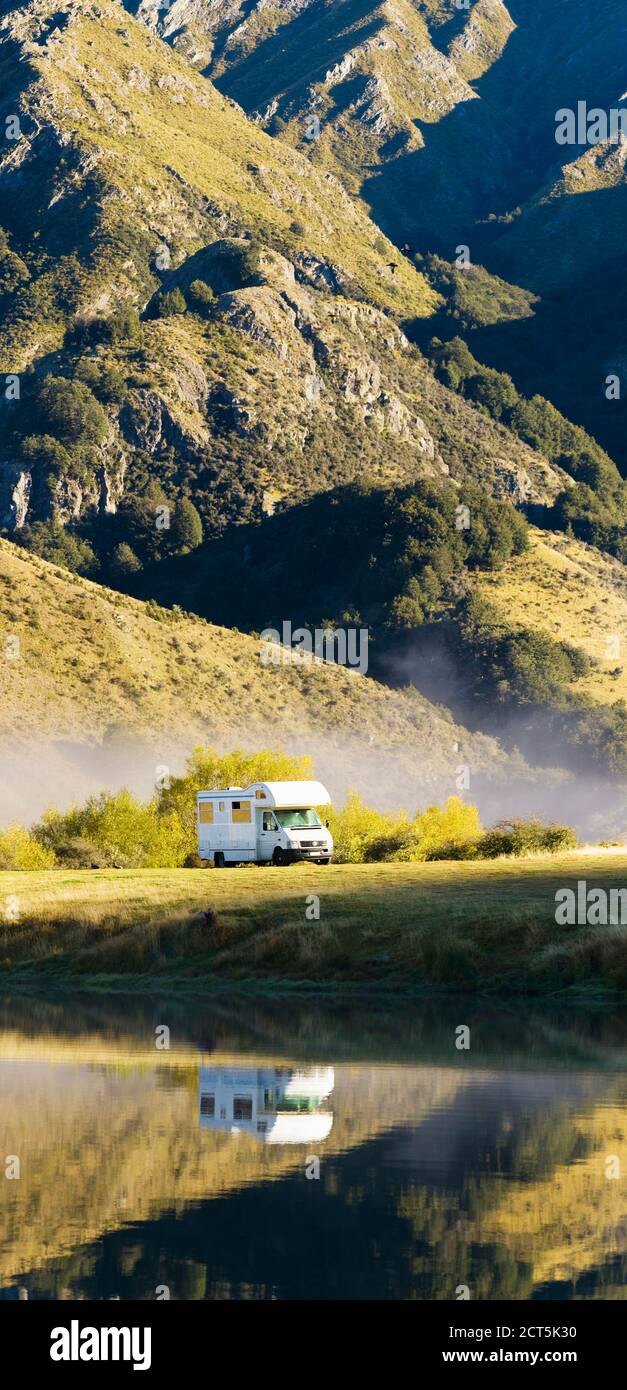 Caravan at Lake Moke campsite, Queenstown, South Island, New Zealand ...