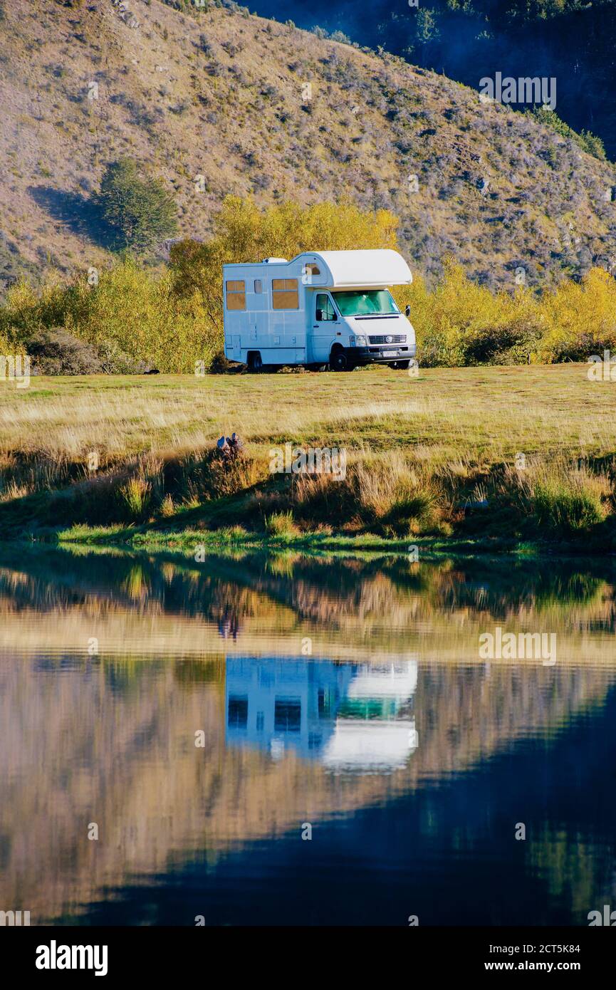 Caravan reflections, Lake Moke campsite, Queenstown, South Island, New ...
