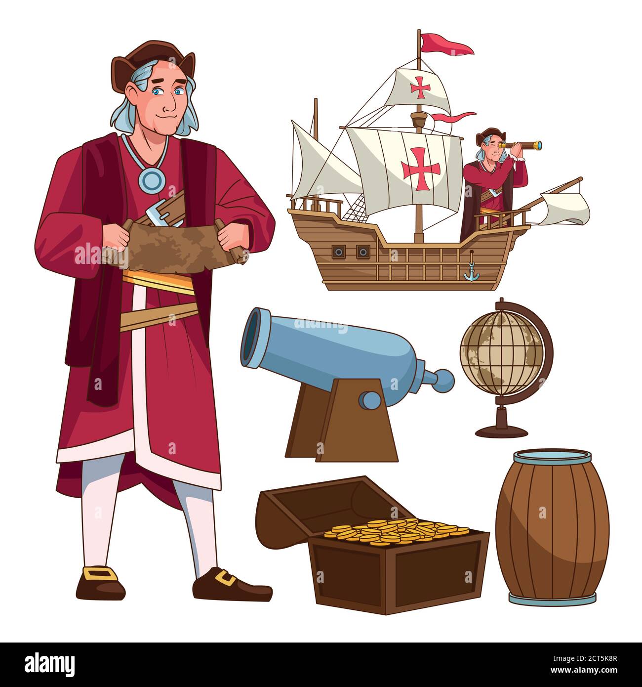 Columbus day celebration scene of christopher lifting paper map and set ...