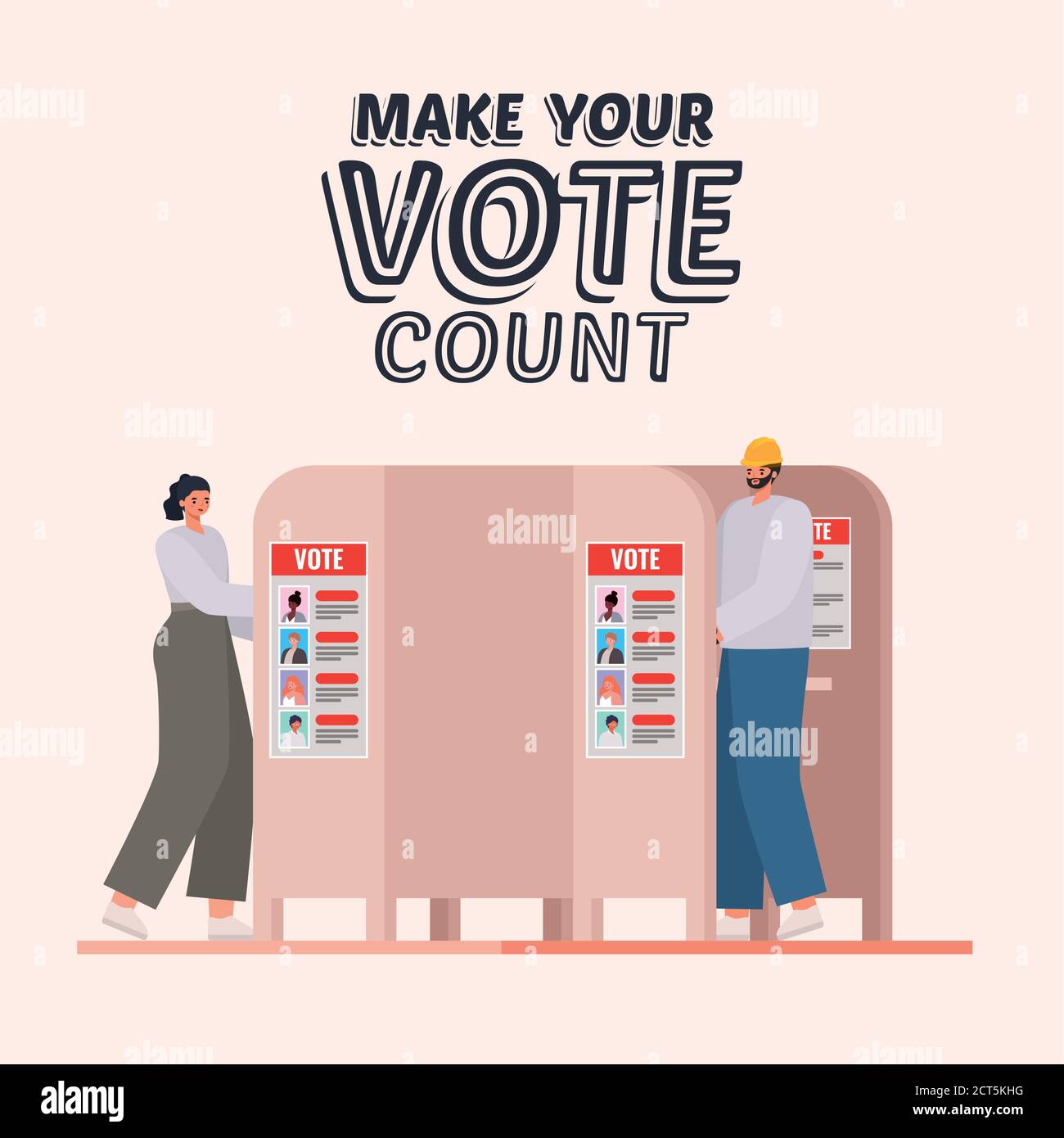 woman and man at voting booth with make your vote count text vector ...