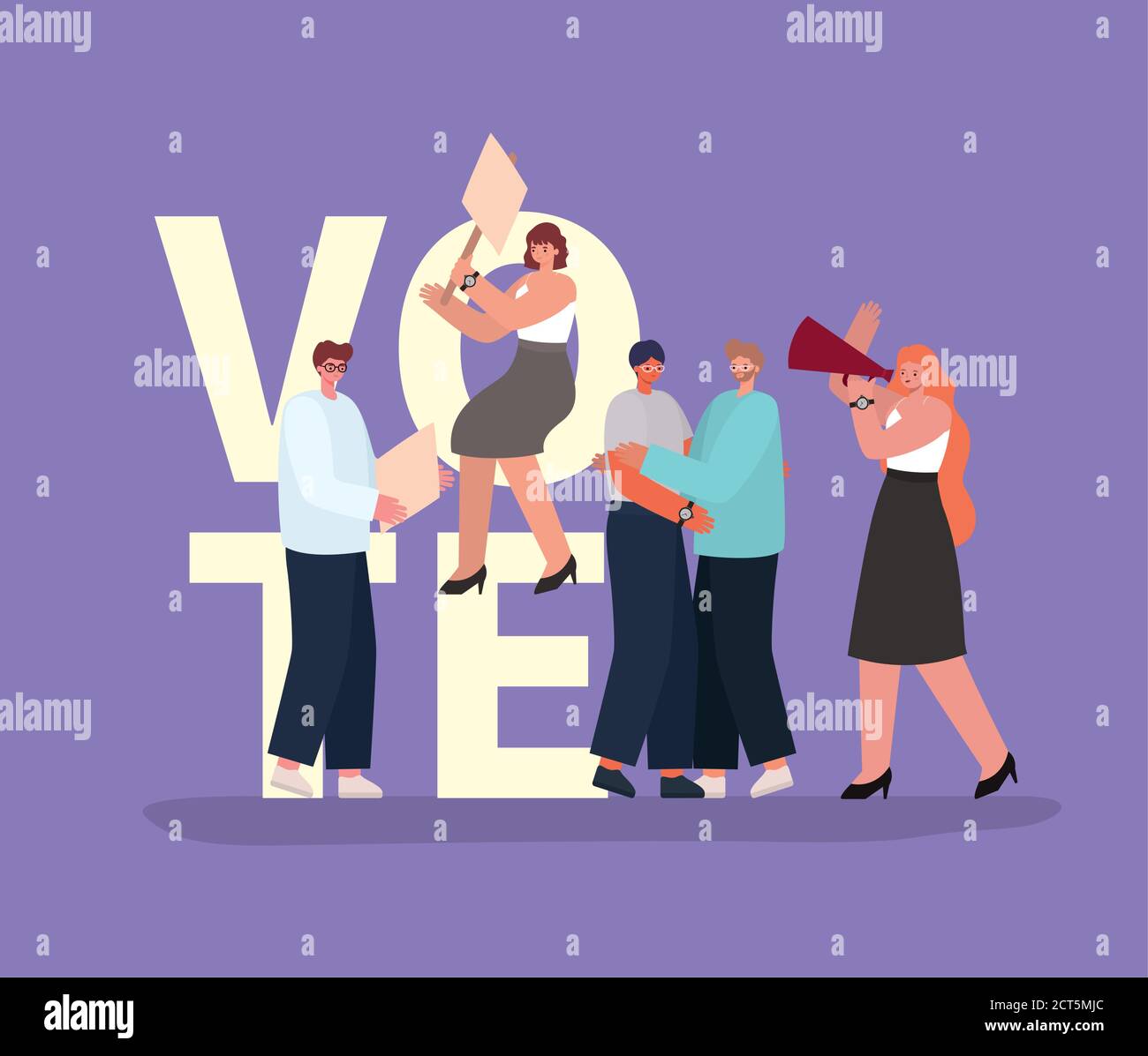 Women and men cartoons with vote banner and megaphone on purple ...