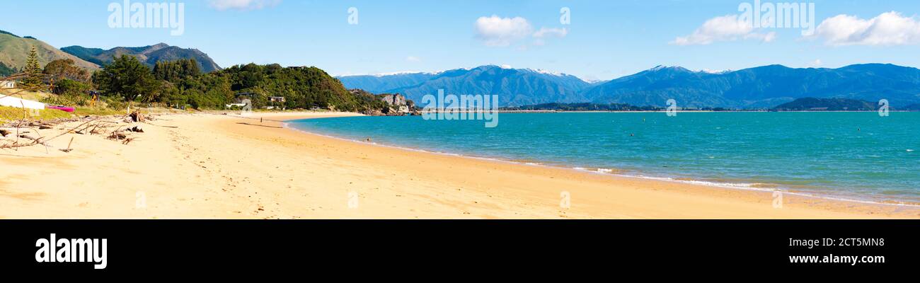 Panoramic Photo of Golden Sand and Mountains at Tata Beach, Golden Bay ...