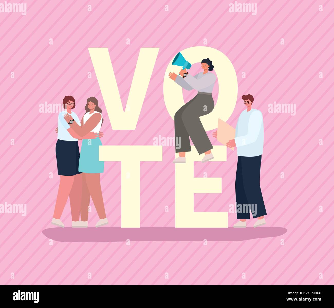 Women and man cartoons with vote banner and megaphone on pink ...