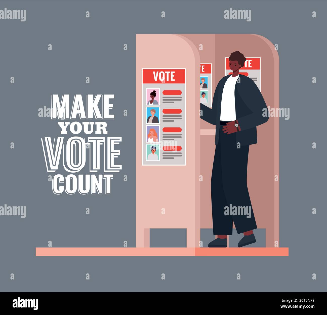 man at voting booth with make your vote count text vector design Stock ...