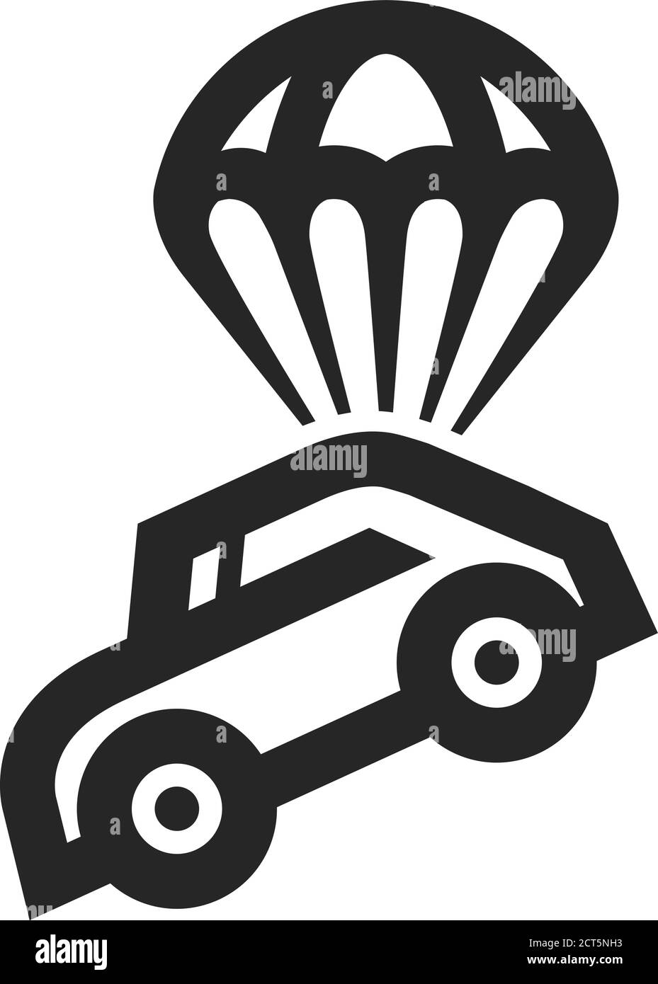 Car parachute icon in thick outline style. Black and white monochrome ...
