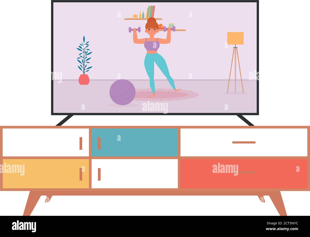 Woman exercising on tv show - Vector illustration Stock Vector Image ...