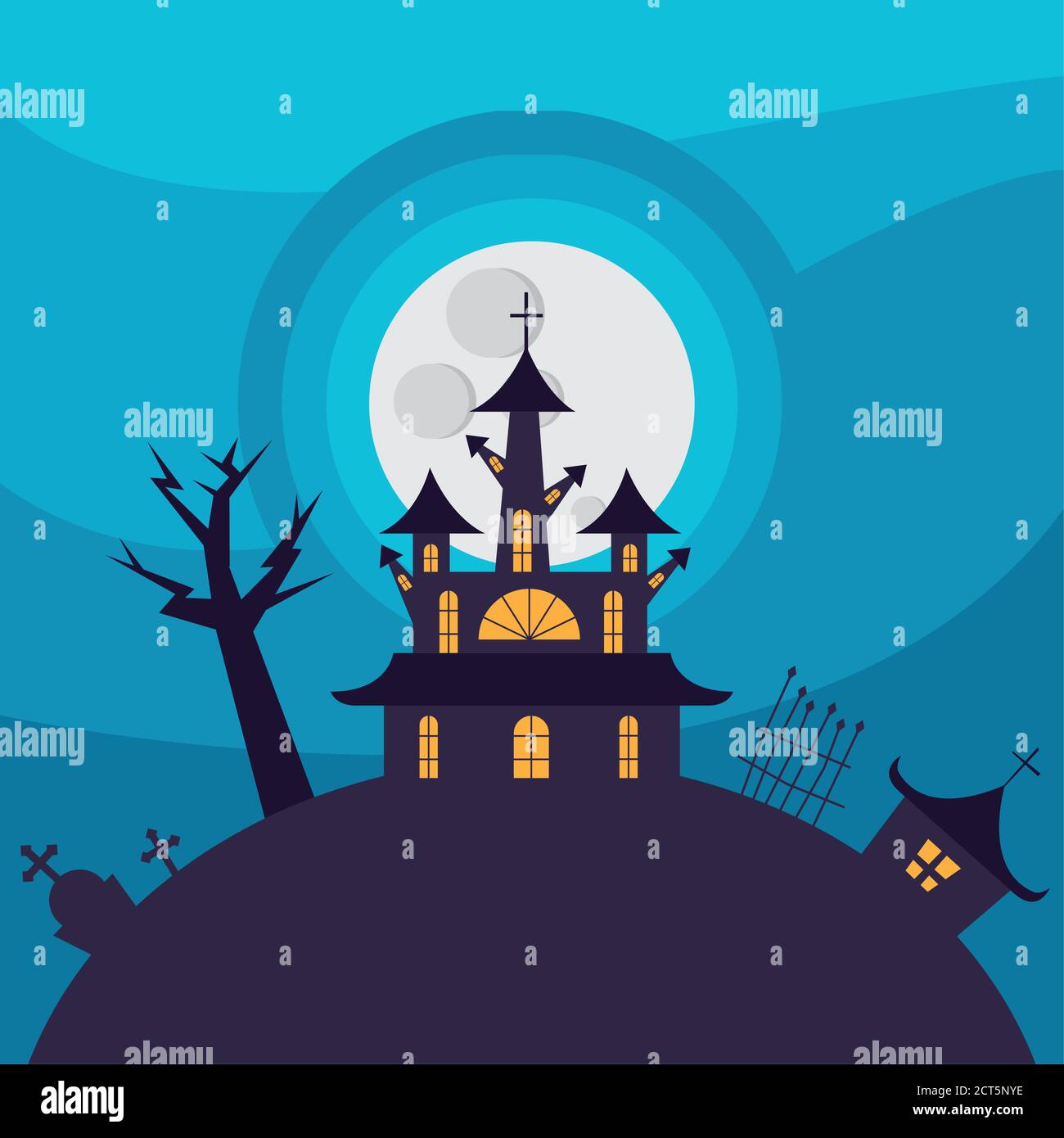 Halloween house with gate in front of moon design, Holiday and scary ...