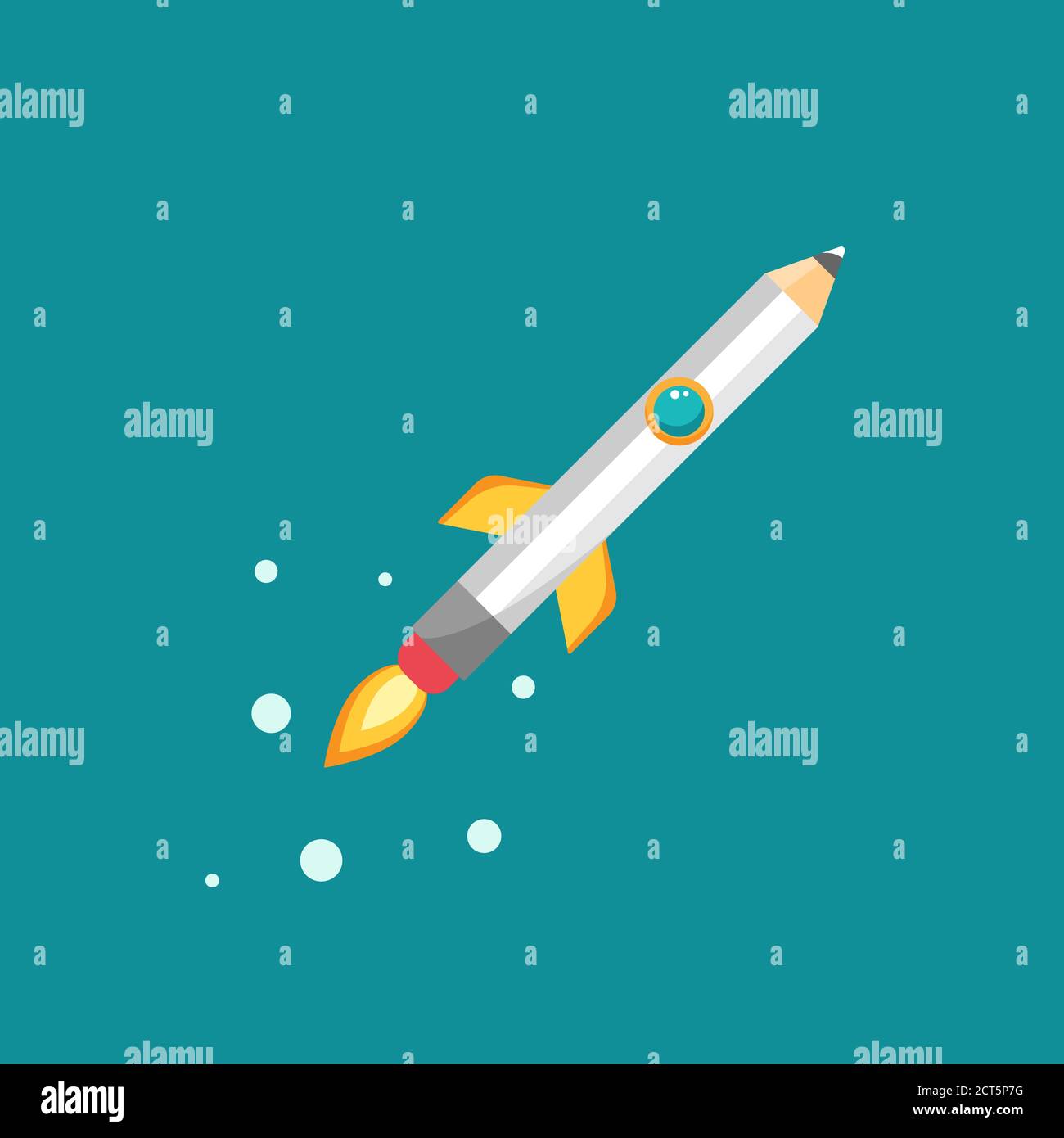 pencil rocket ship with fire. Isolated on powder blue. fantasy flat ...