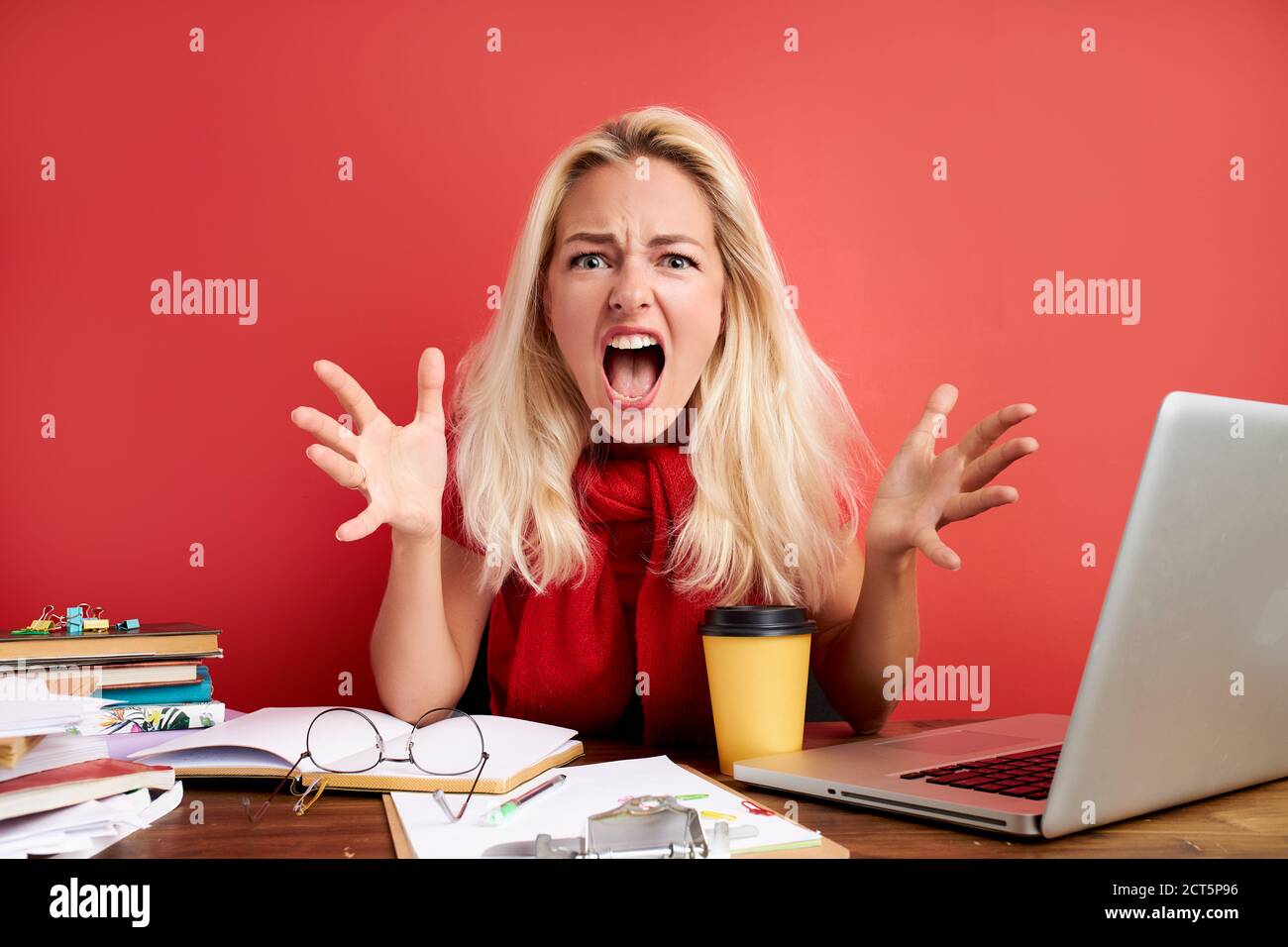crazy caucasian woman asks for help at work, young female is tired to ...