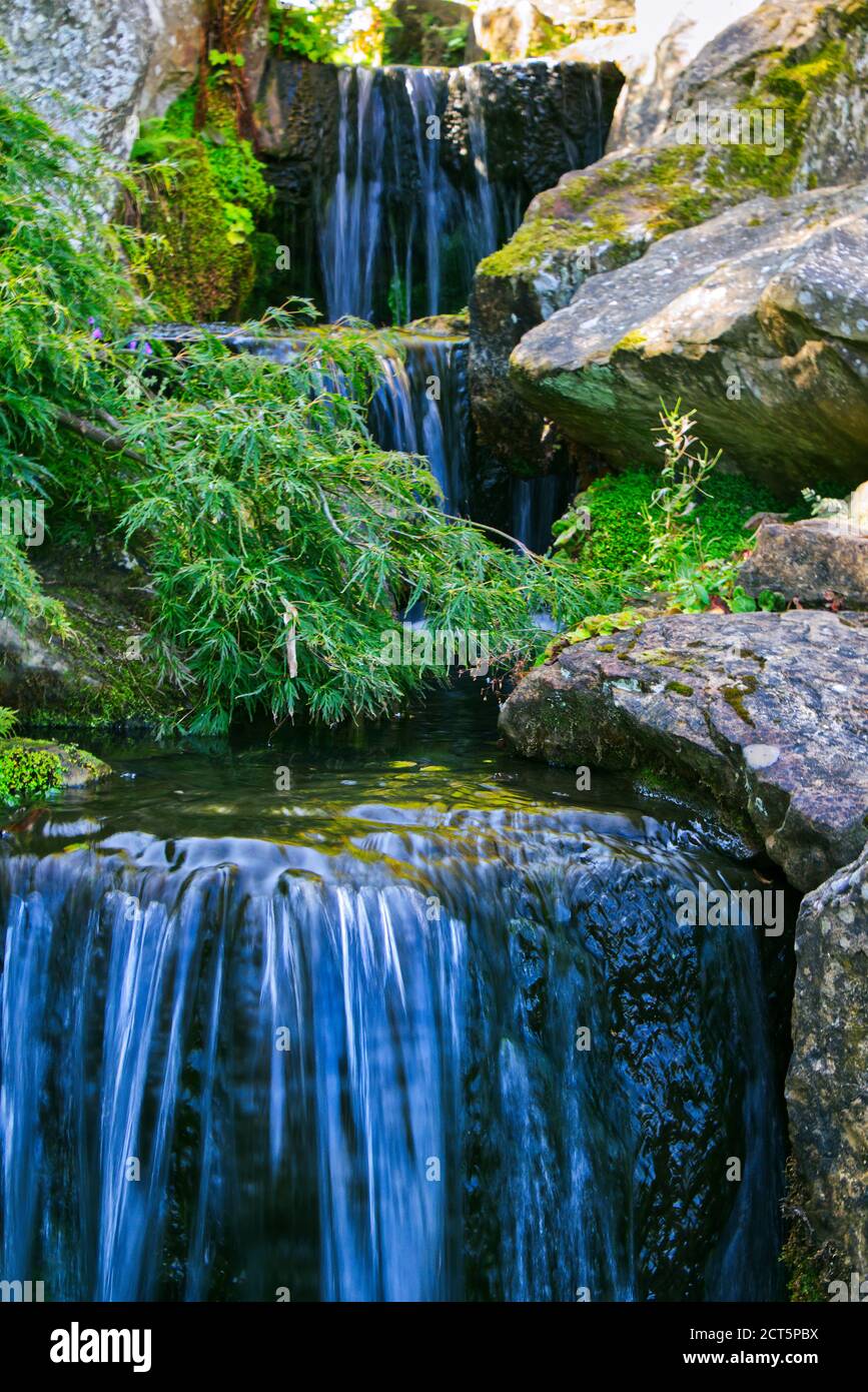Cascading waterfall runs into a pond in the Rock Garden at RHS Garden ...