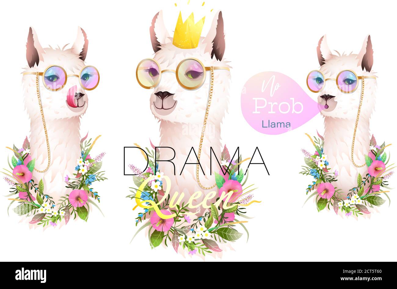 Llama Drama Queen and No Problem Design Collection Stock Vector Image ...