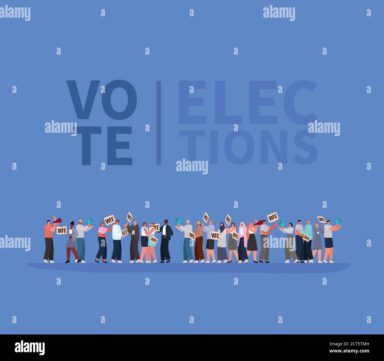 Women and men cartoons with vote banners and megaphones on blue ...