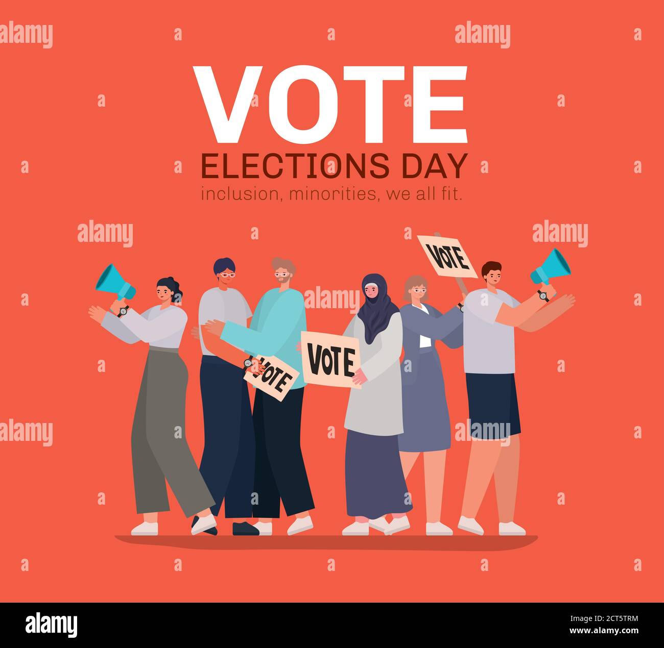 Women and men cartoons with vote banners and megaphones on red ...