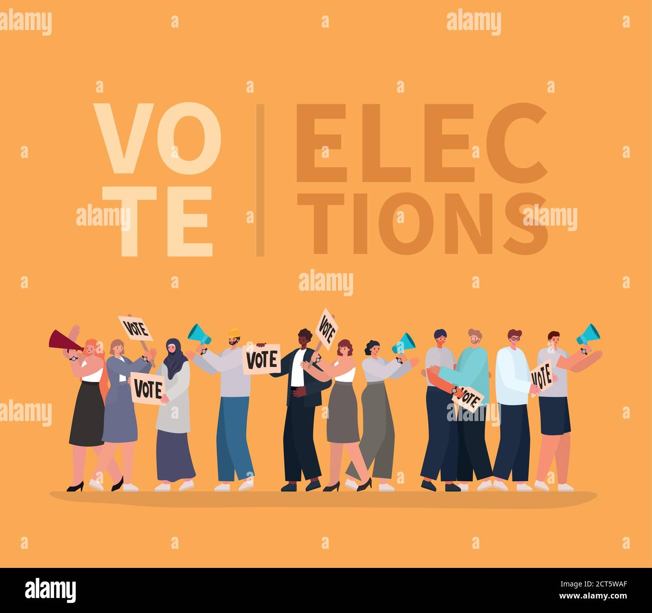 Women and men cartoons with vote banners and megaphones on orange ...