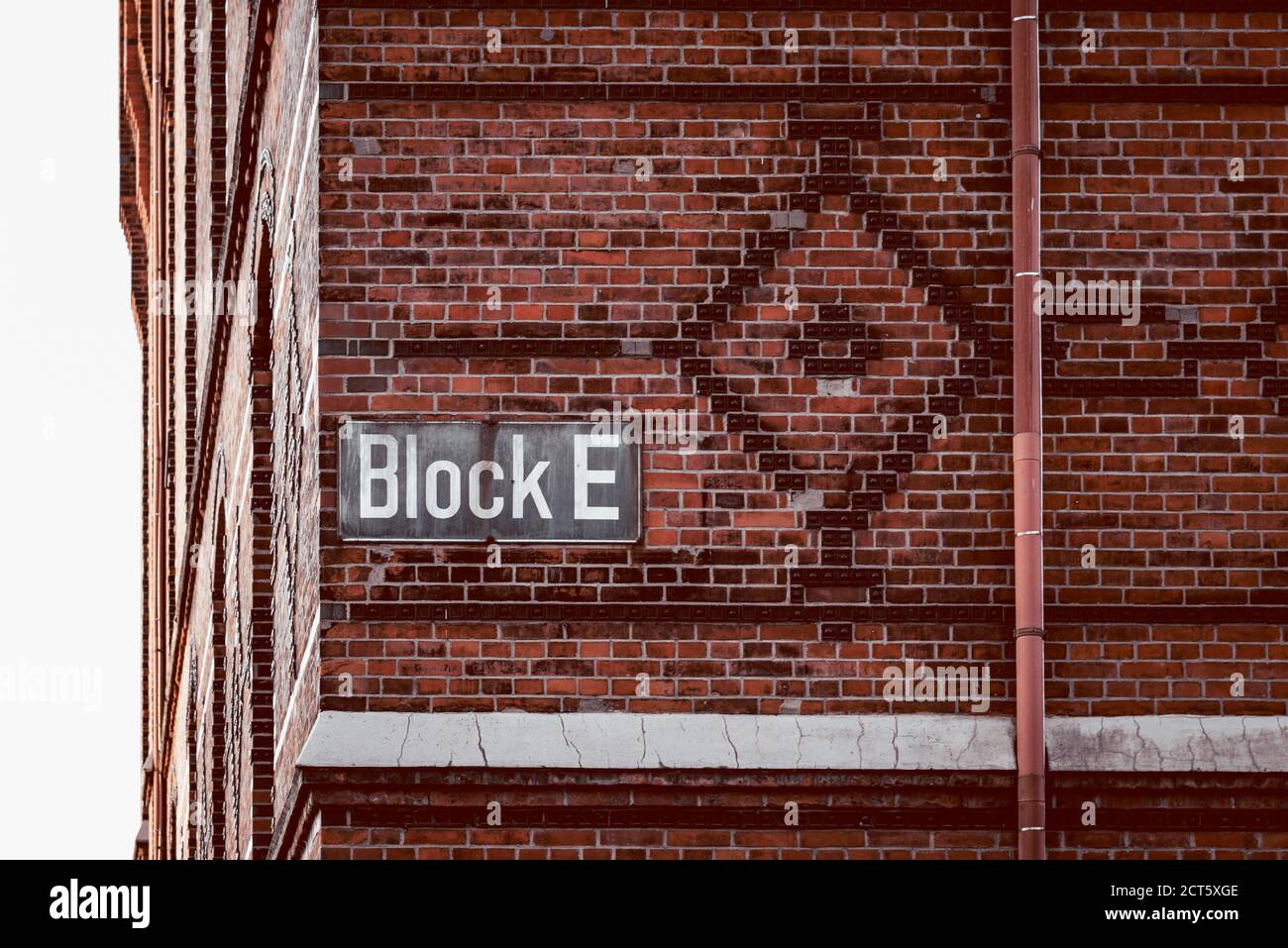 Hamburg, Germany - August 3, 2019: Block E building name sign in brick ...