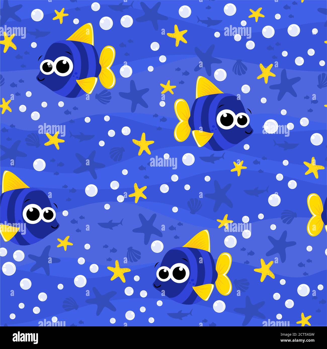 seamless pattern with cute baby blue fish. Cartoon illustration with ...