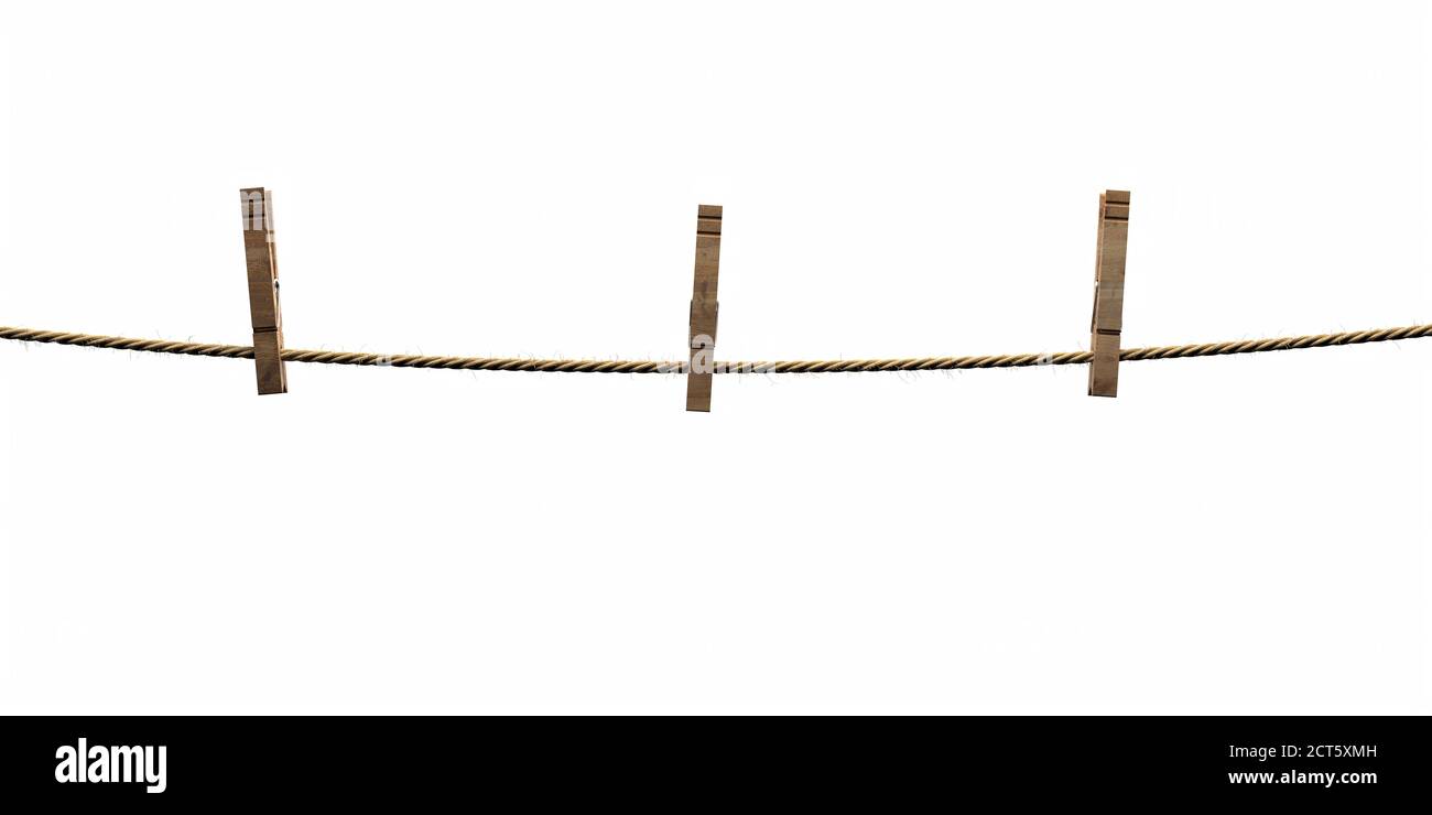 Clothespins on clothes rope isolated cutout against white background ...