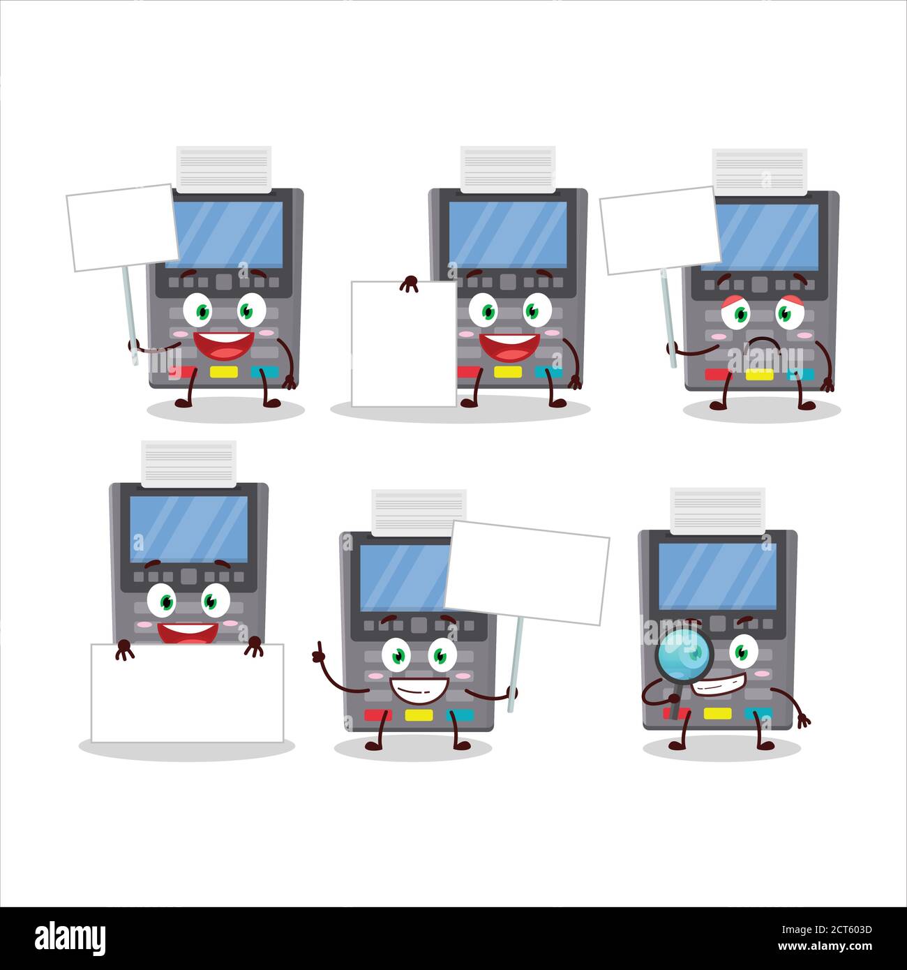 Grey payment terminal cartoon character bring information board Stock ...