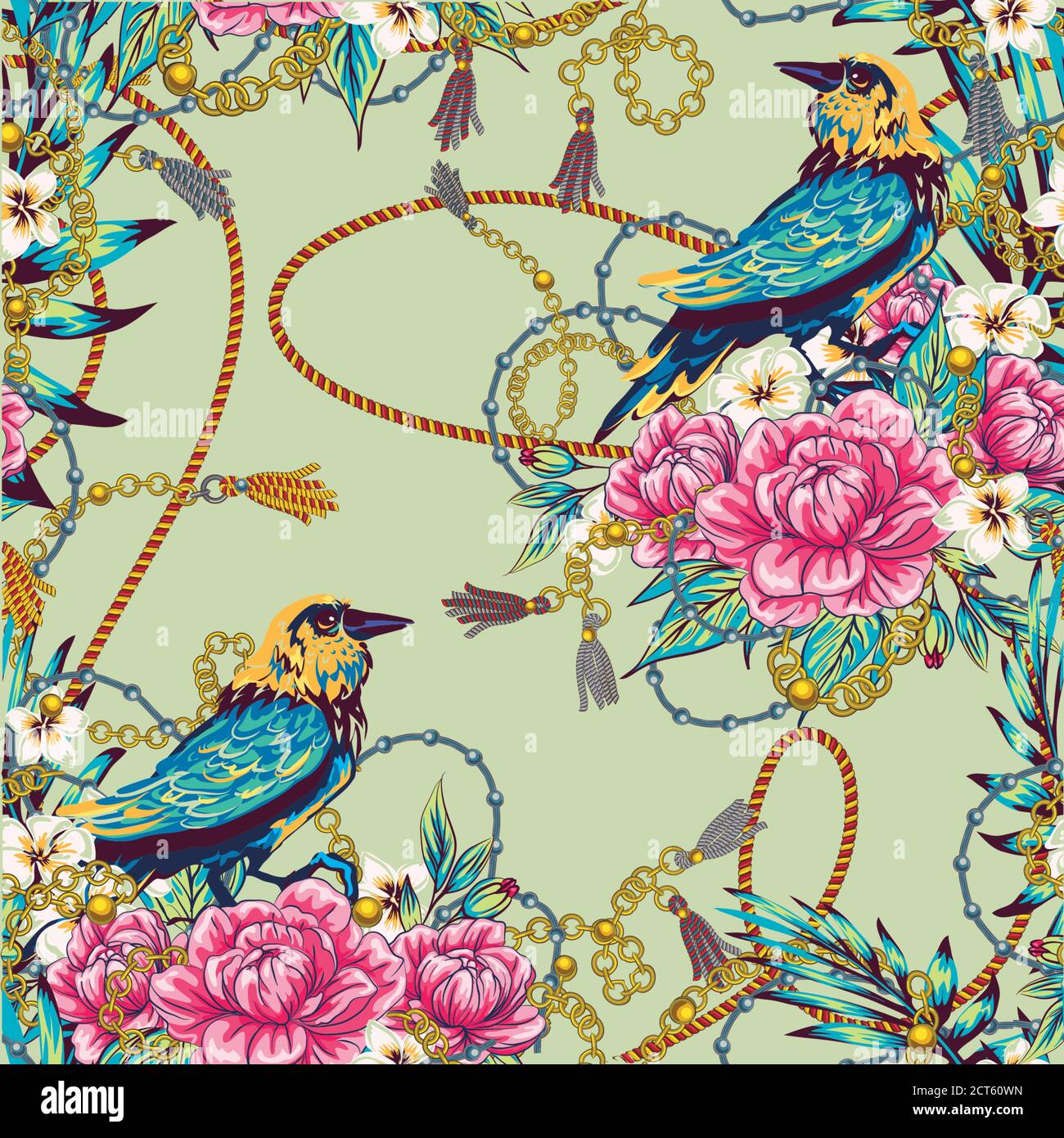 Elegance pattern with flowers and birds splendor of the 80's, chic bird ...
