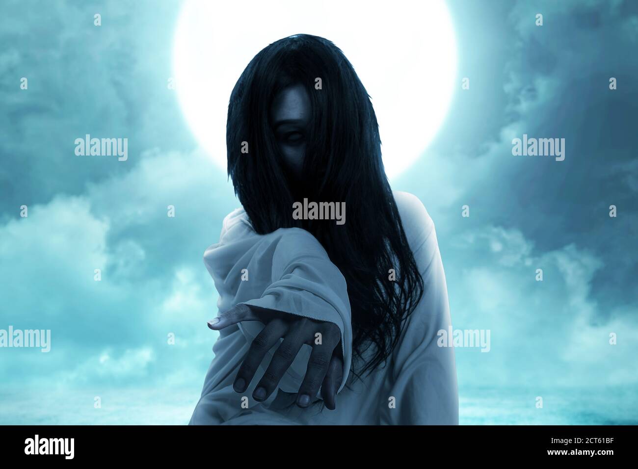 Scary ghost woman crawling with night scene background. Halloween ...