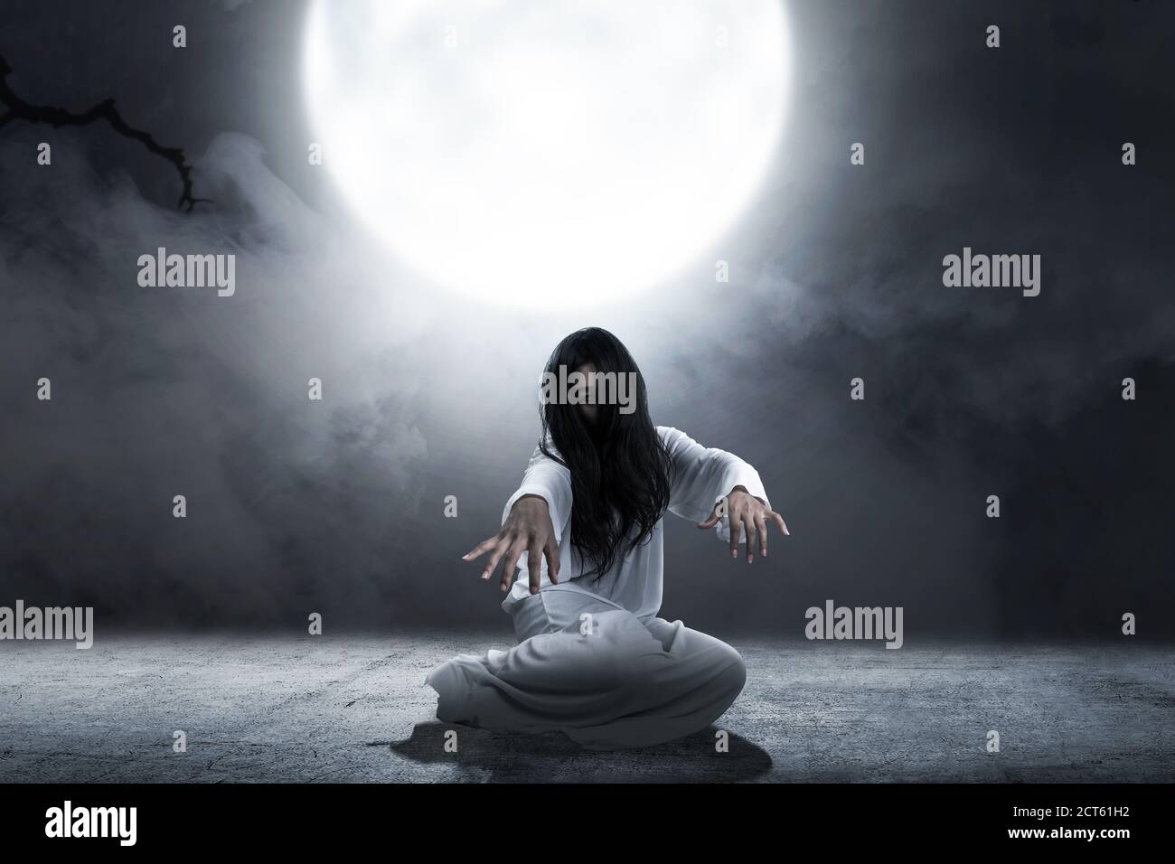 Scary ghost woman crawling with night scene background. Halloween ...