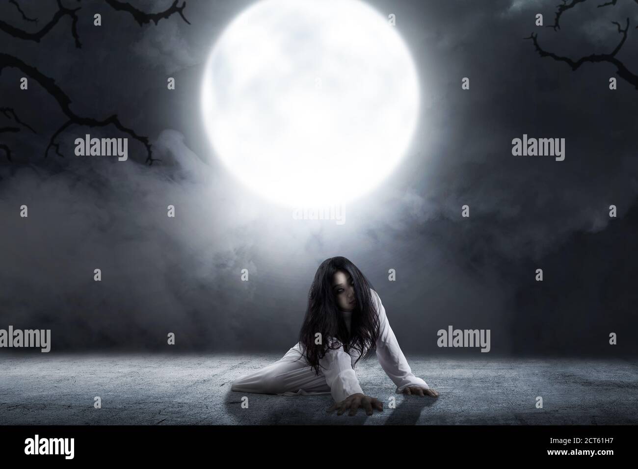 Scary ghost woman crawling with night scene background. Halloween ...