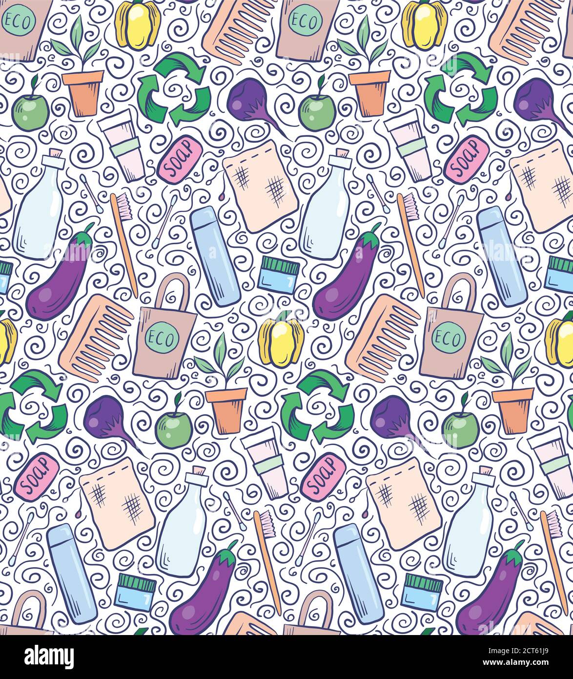 Seamless pattern with hand drawn Zero Waste objects and swirls on white ...