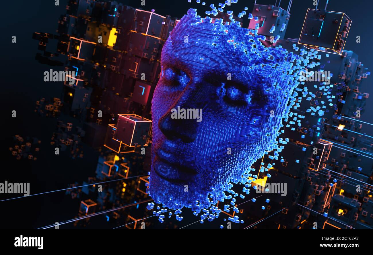 Face consisting of blocks. Artificial intelligence concept. 3D ...