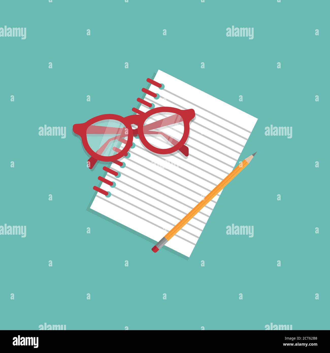 creative writer workplace icon. note book, red glasses and pencil on ...