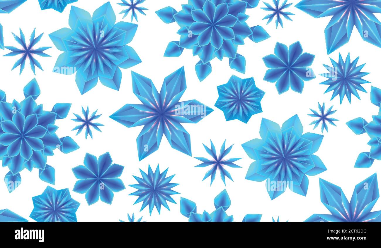 Seamless pattern with 3d blue origami snowflakes on a white background ...