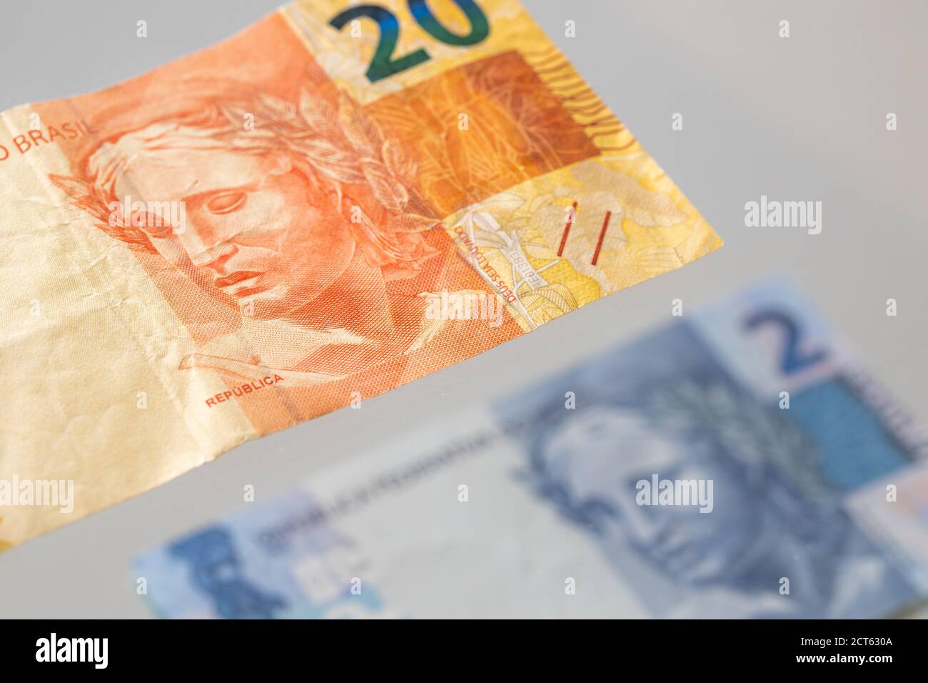Brazilian money, Paper Notes, one worth twenty and the other two Reais ...