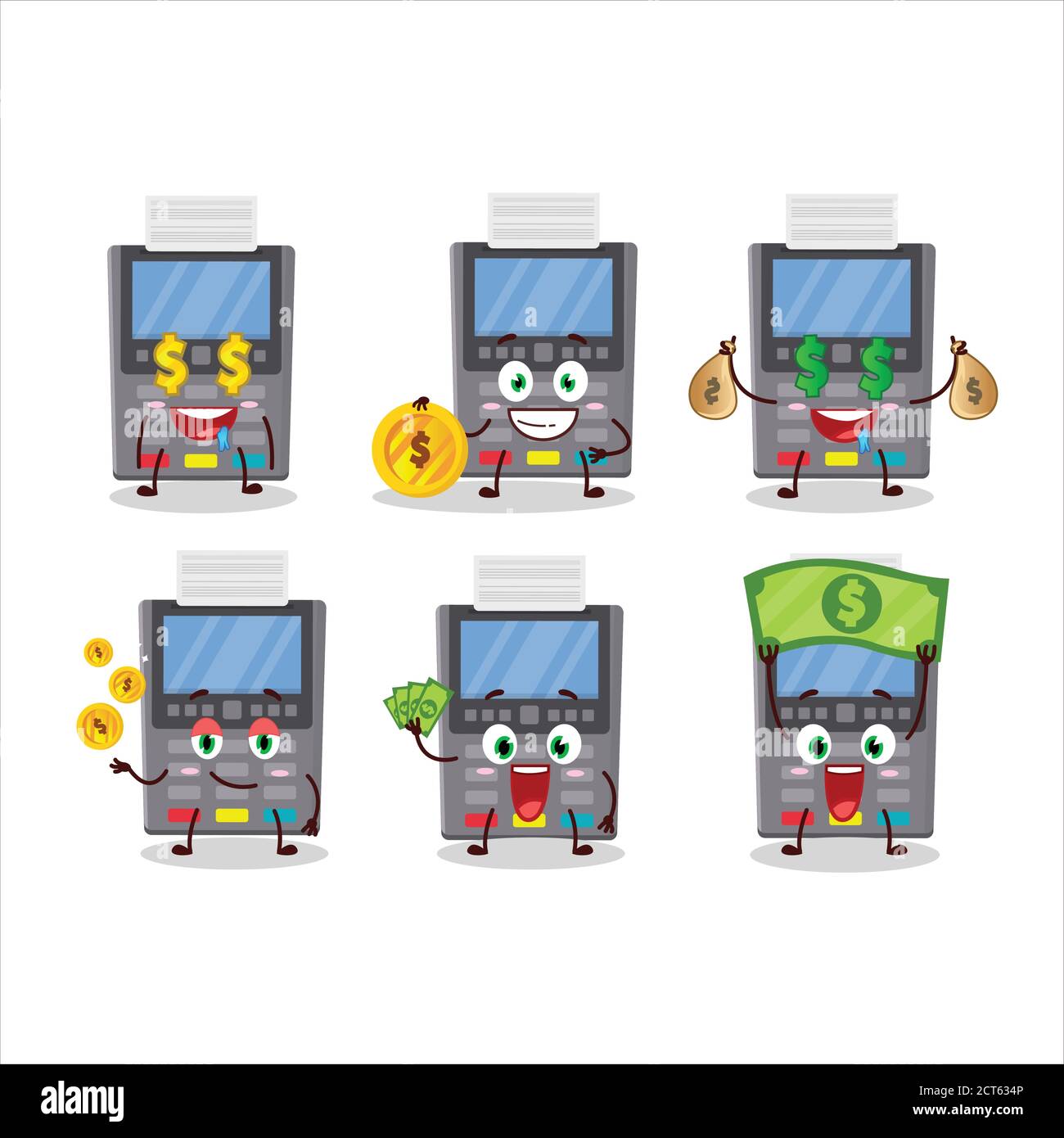 Grey payment terminal cartoon character with cute emoticon bring money ...