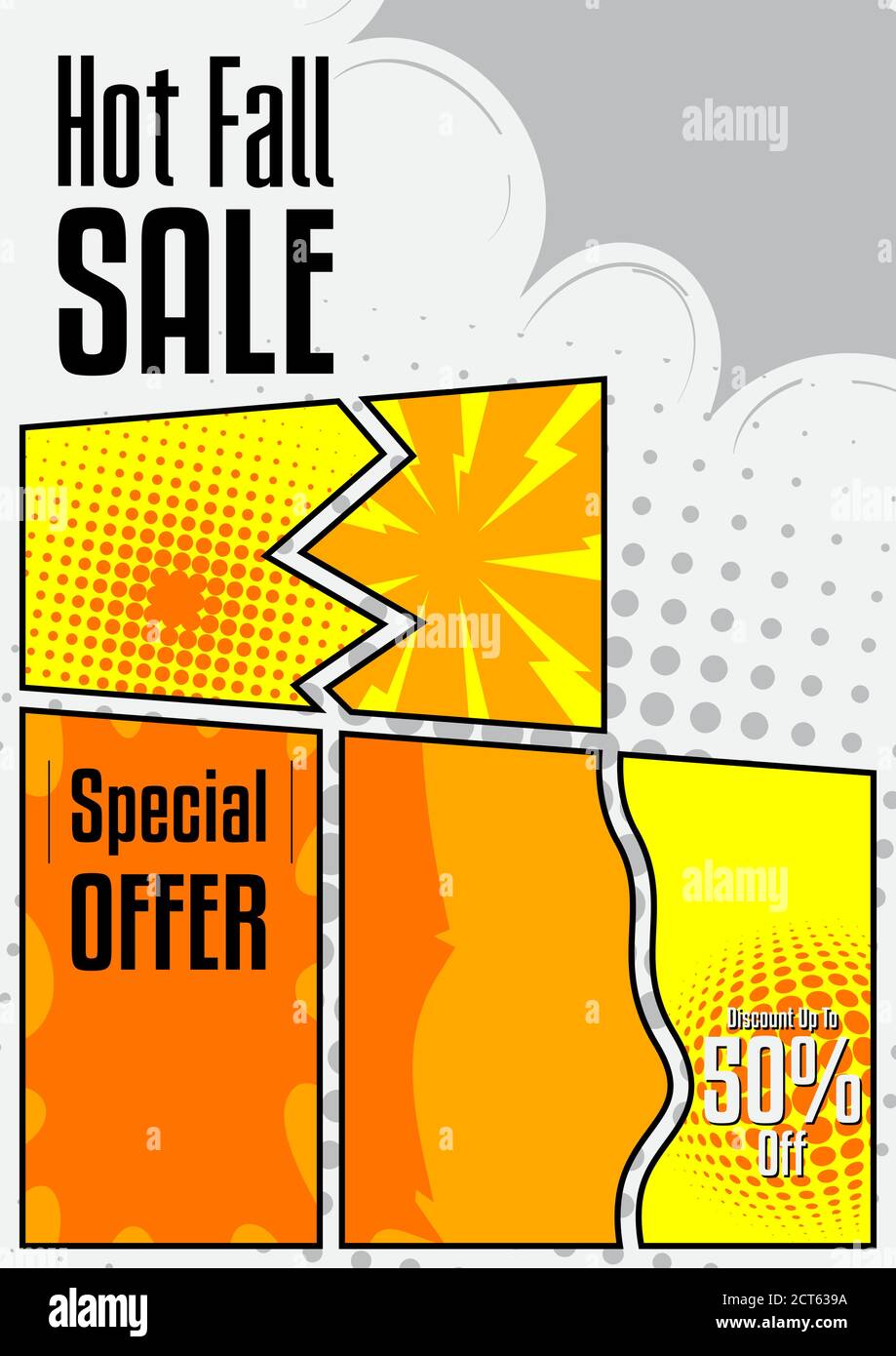 Comic book Autumn, Fall sale social media post design. Cartoon colored ...