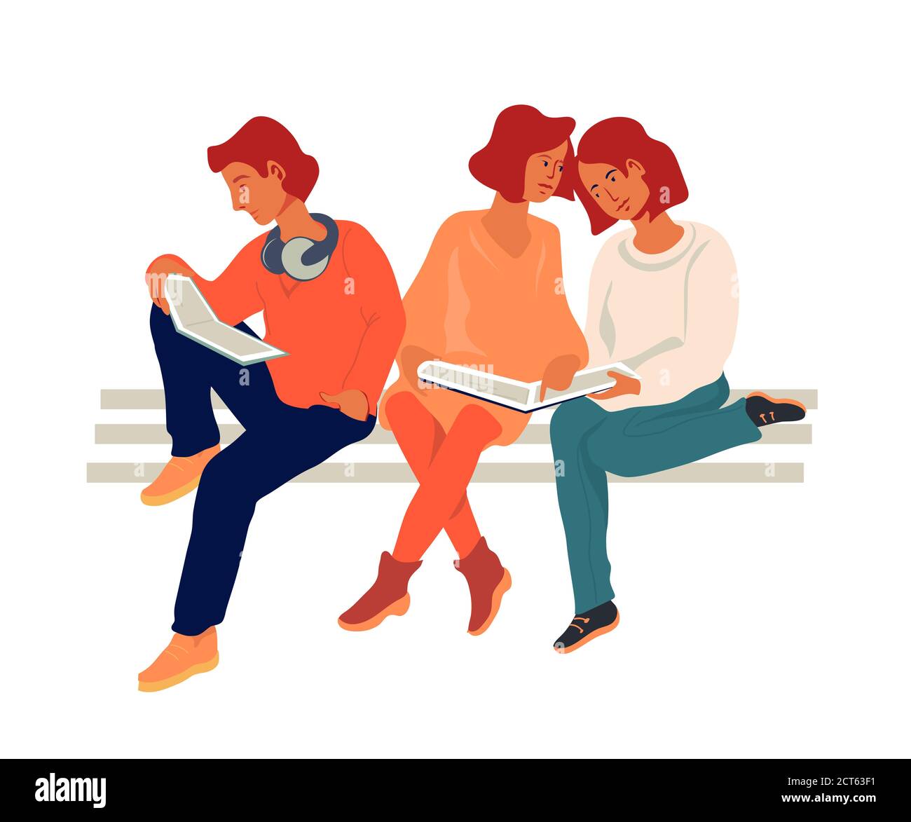 Group of young people reading books on bench, learning and education ...