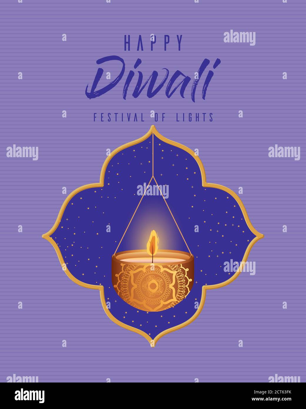 Happy diwali hanging candle in window on purple background vector ...