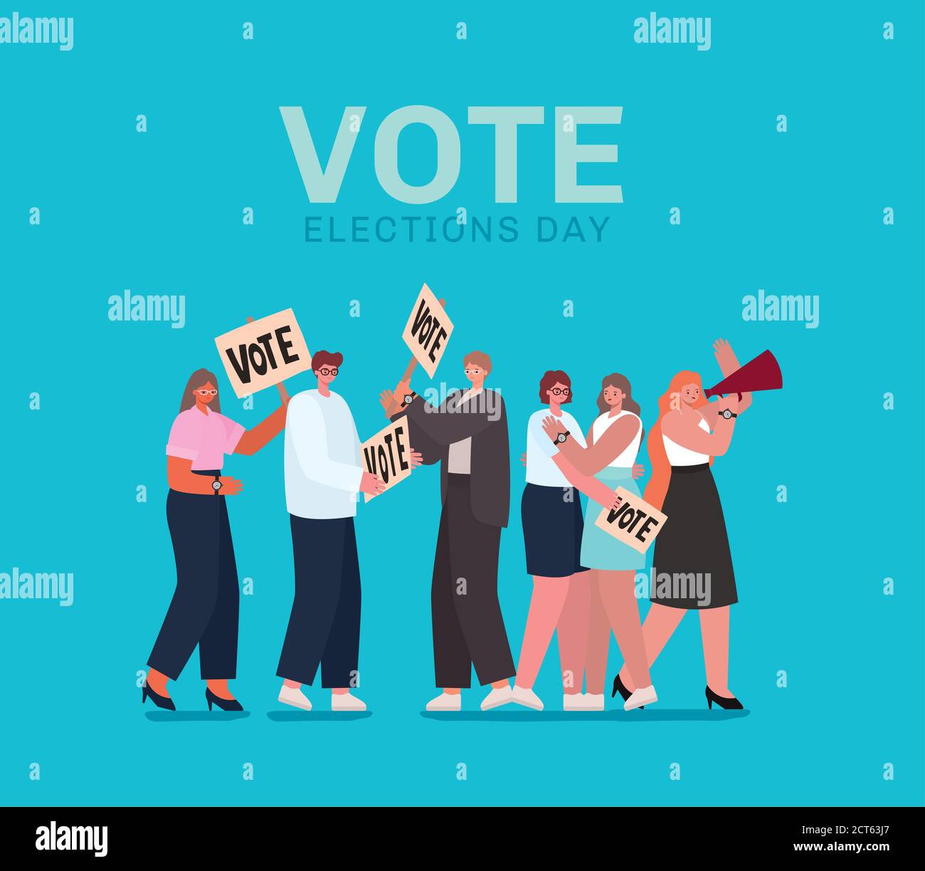 Women and men cartoons with vote banners and megaphone on blue ...