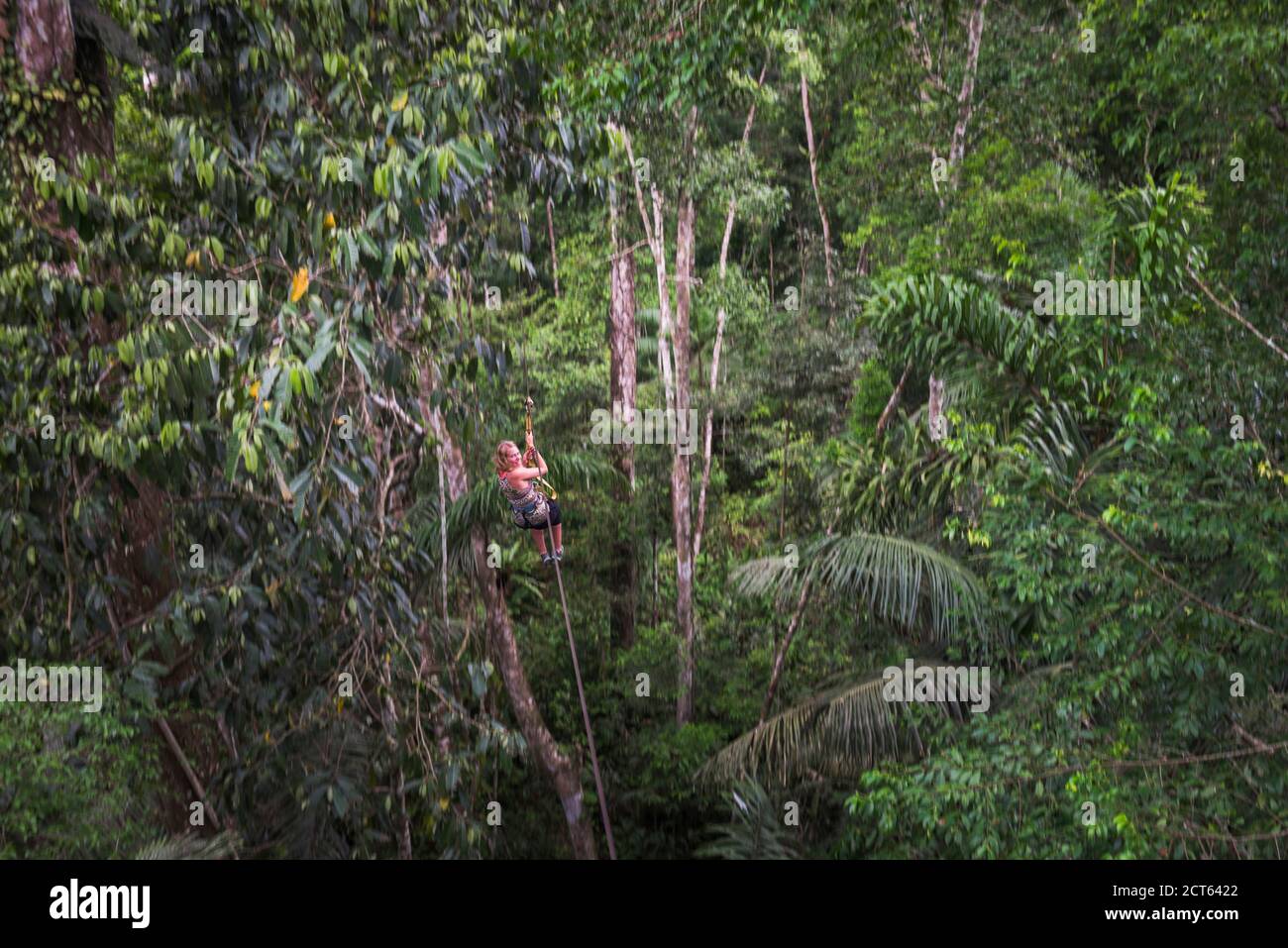 Zip lining on a zip line in Amazon Jungle of Peru on an adventure and ...