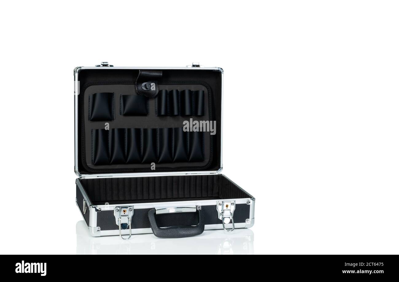 Opened toolbox isolated on white background. Empty tool box with handle ...