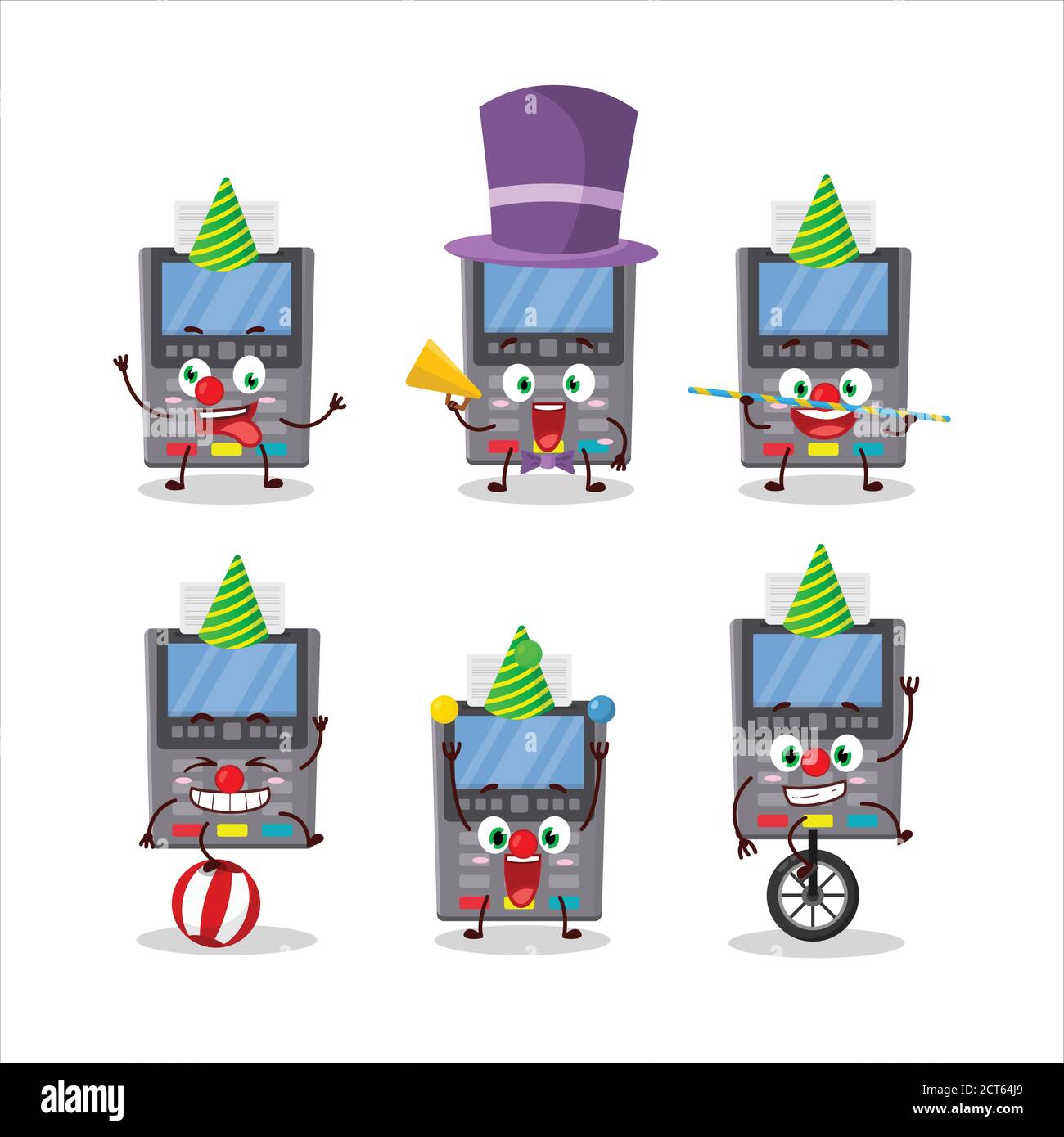 Cartoon character of grey payment terminal with various circus shows ...