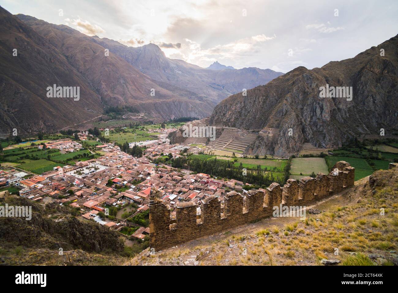 Pinkullyuna Inca Storehouses at sunset above Ollantaytambo, Sacred ...
