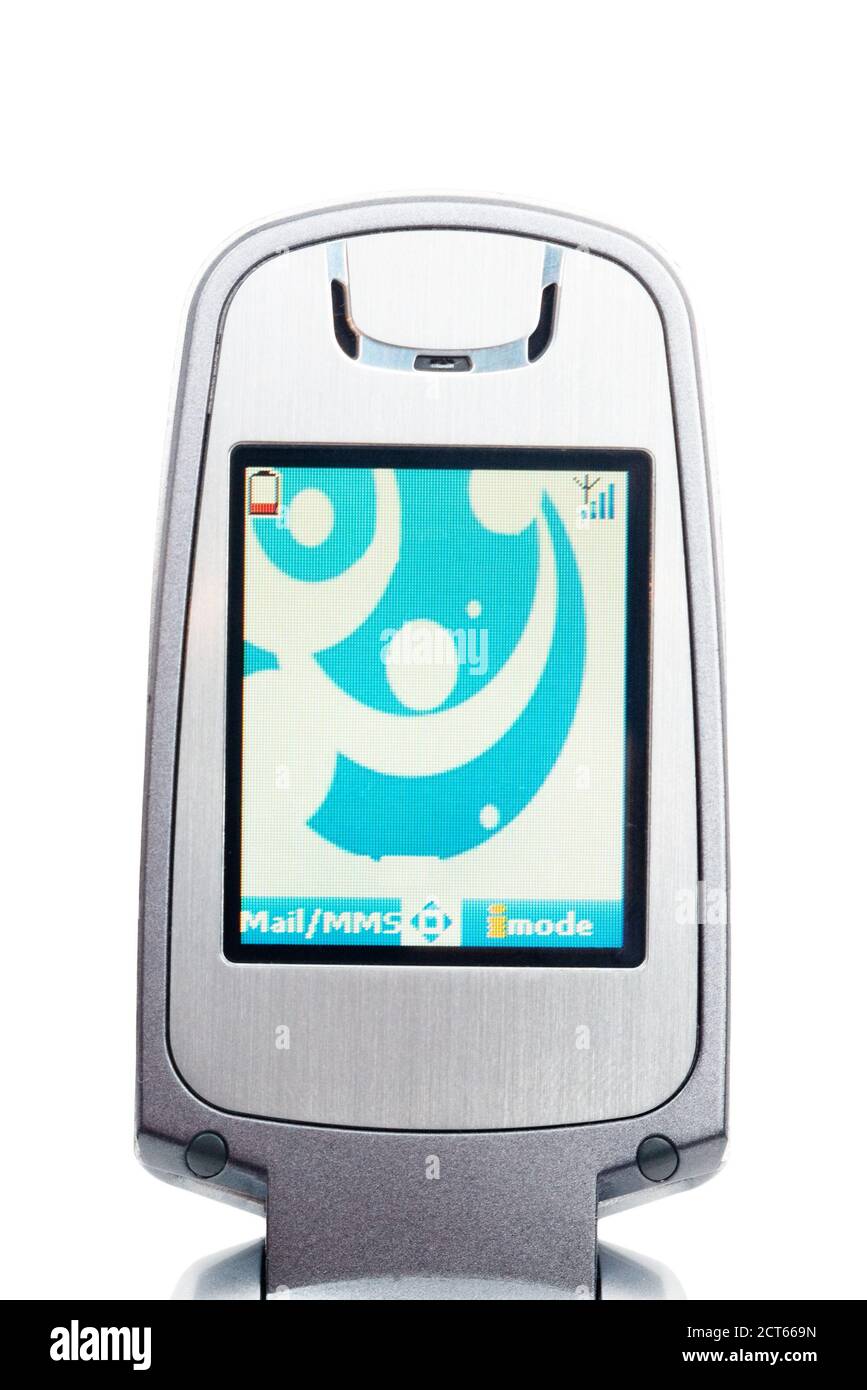 Screen of silver cellular mobile telephone on a white background Stock ...