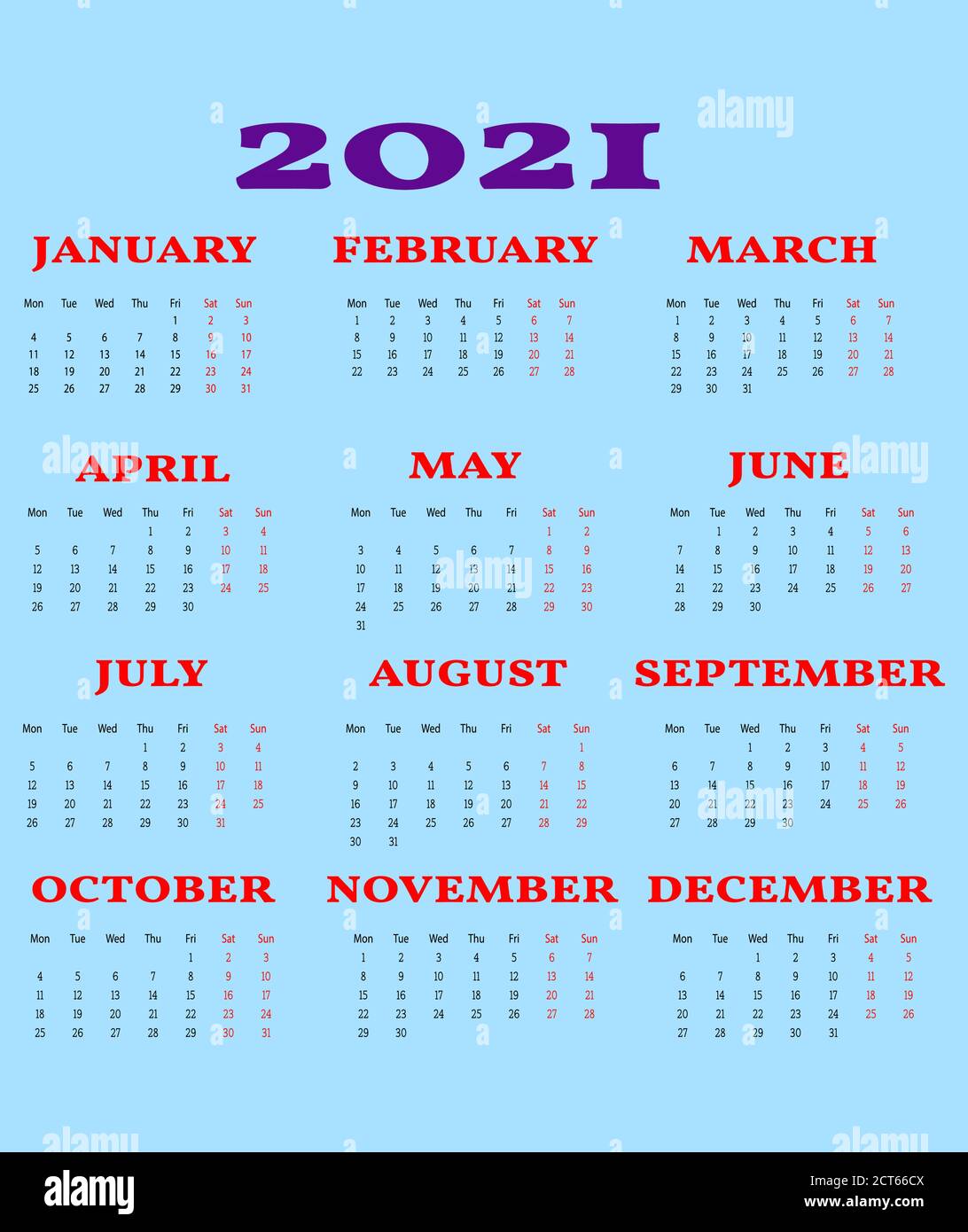 Calendar 2021 year - vector illustration. Week starts on Monday Stock ... Calendar 2021 year - vector illustration. Week starts on Monday Stock ...